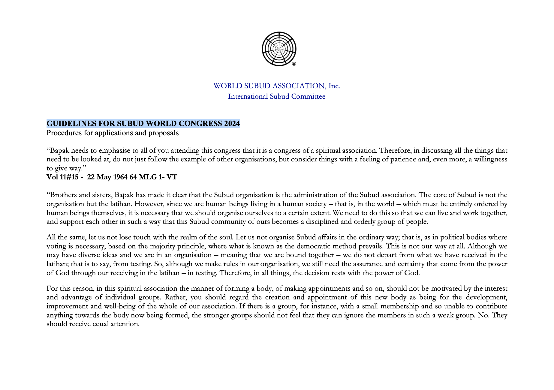 GUIDELINES FOR SUBUD WORLD CONGRESS 2024 - World Subud Association